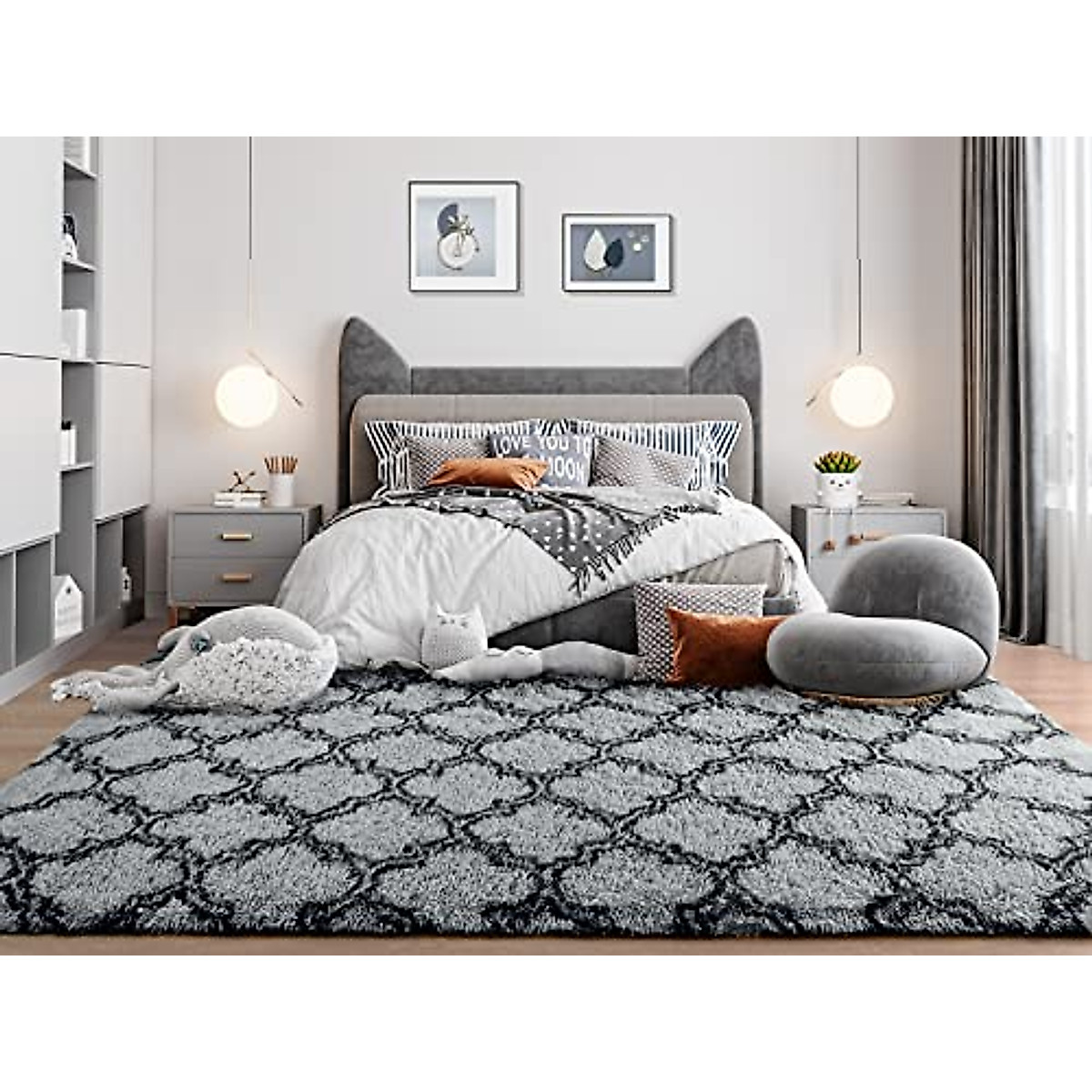 Keeko 6x9 Large Living Room Area Rug, Grey and Black Fluffy Fuzzy Rug Rugs for Living Room Bedroom Modern Indoor Carpet Geometric Shaggy Area Rug for Nursery Kids Farmhouse Dorm Classroom Decor