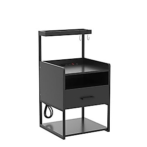 VIAGDO Nightstand with Charging Station and LED Lights, Black Night Stand with Drawer, Modern End Side Table with Open Storage Shelves, Bedside Tables for Bedroom, Office