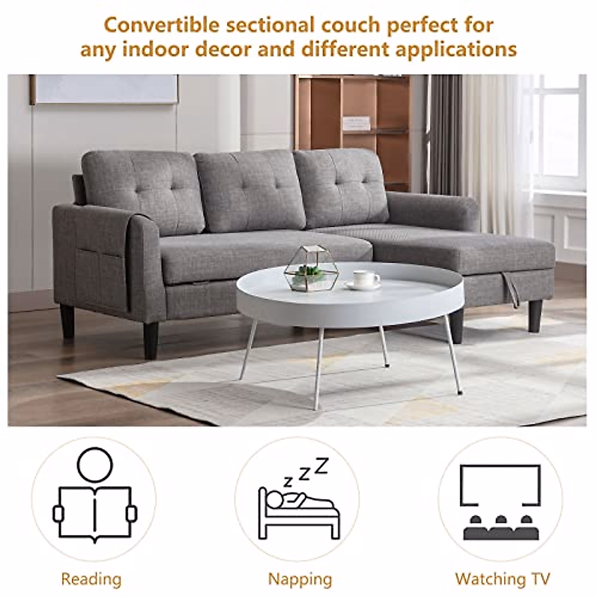 GNIXUU Pull Out Couch, Small Sectional Sleeper Sofa Bed with Storage Chaise, Convertible 3 Seater L Shaped Couch for Living Room, Grey