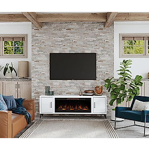 Realcozy Malibu Contemporary Fireplace TV Stand, 78 inches, Accommodates TVs up to 90 inches, Fully Assembled, Poplar Solid Wood, White Finish