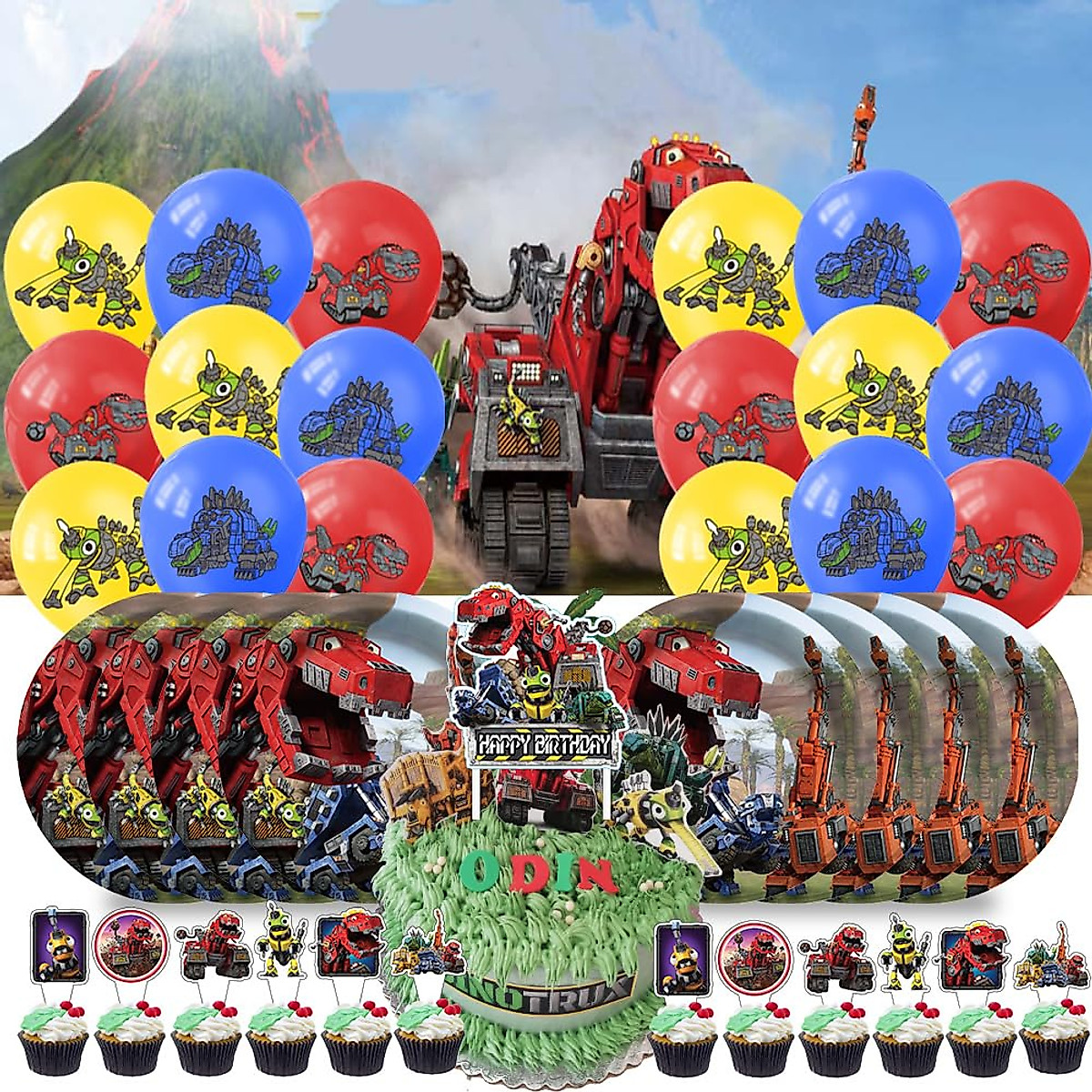 Dinosaur Truck Dinotrux Party Supplies Plates Decorations Birthday Cake Topper Banner Decor Backdrop Balloons