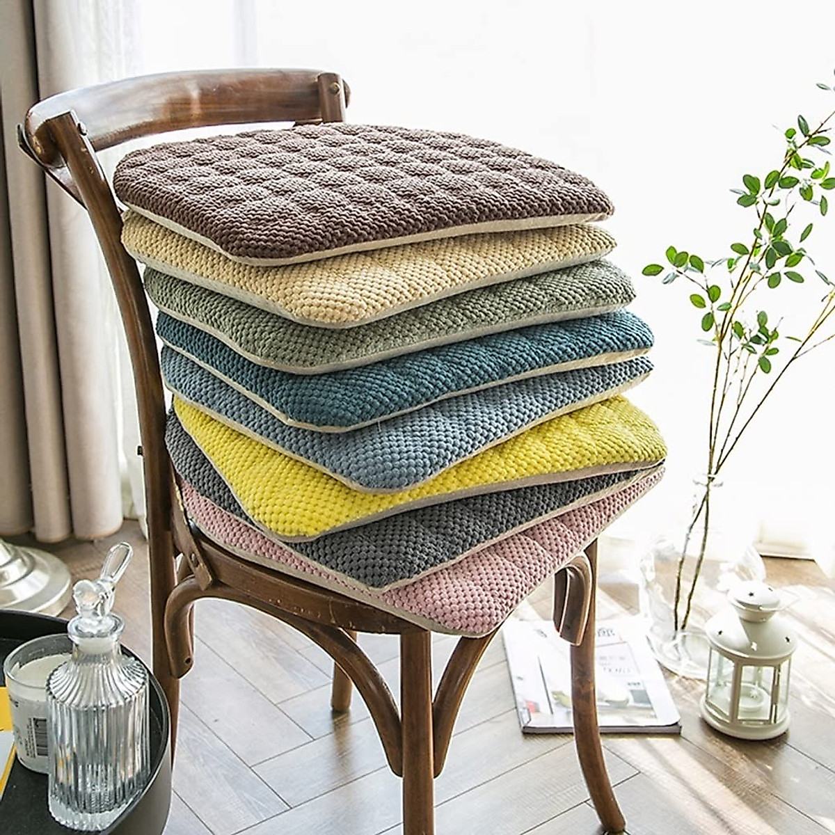 ETULLE 1/2/4 Packs Chair Cushion Solid Color Dining Chair Pad with Ties, Kitchen Non-Slip Chair Pad Soft Seat Cushion with Machine Washable Cover (Color : Coffee, Size : Set of 4)