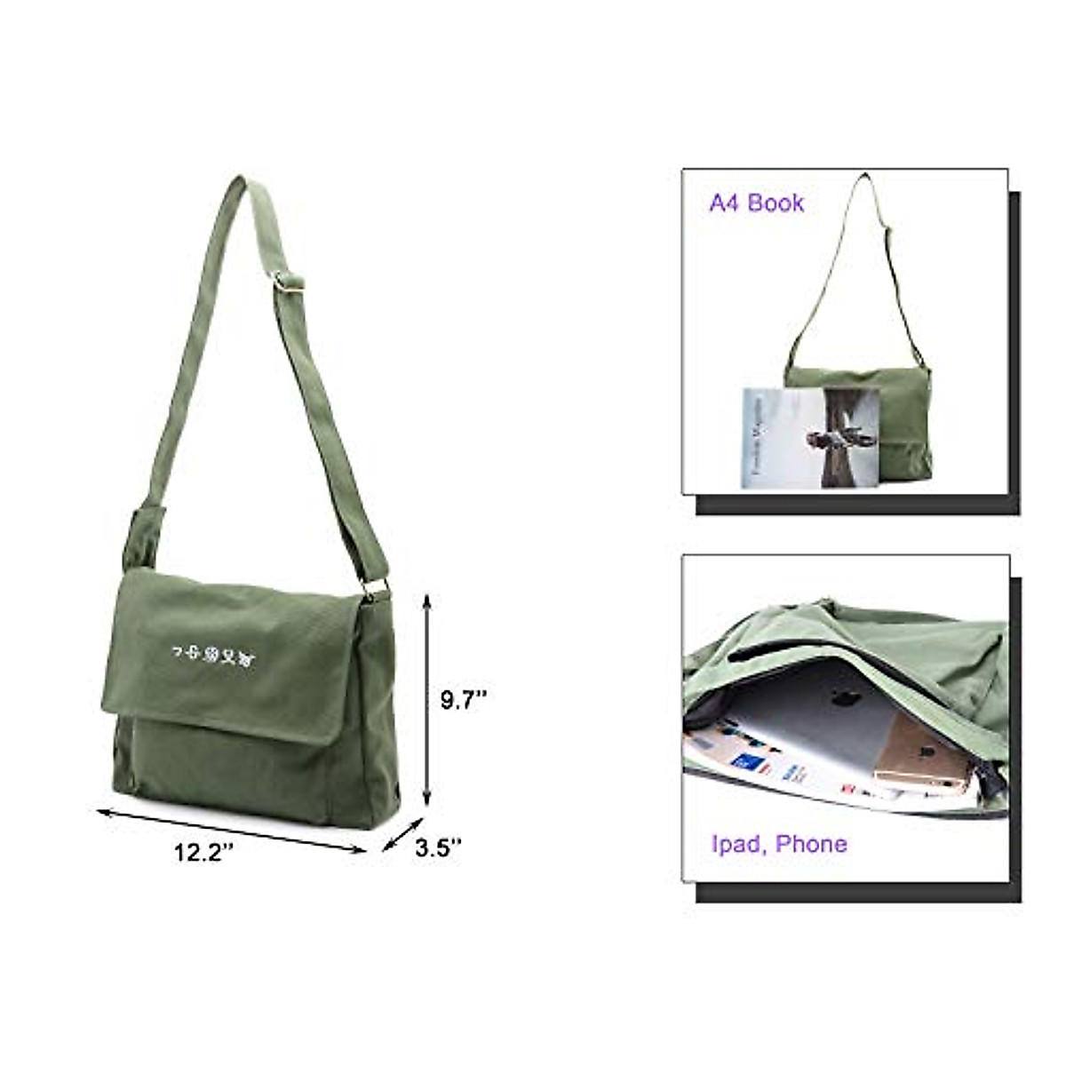 Togood Literary Canvas Crossbody Bag Casual Shoulder Bag Hobo Bags Fashion Simple Student Bag for girls (Green)