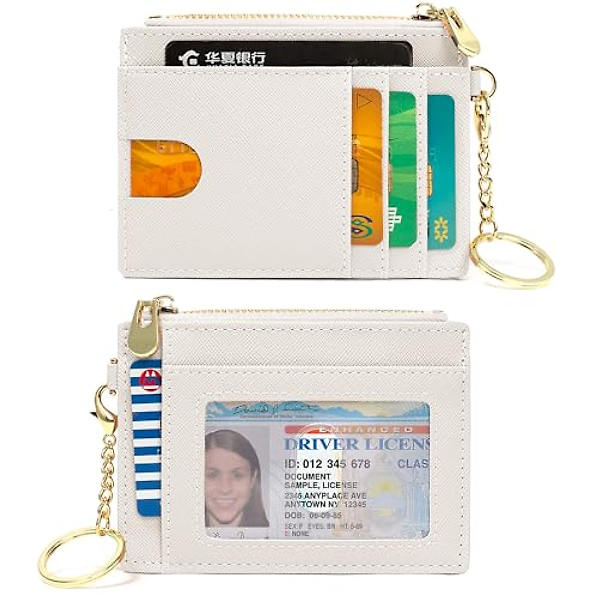 Small Pocket Wallet Slim RFID Blocking Card Holder Keychian Zipper Coin Purse Mini Cash & Coin & Cards Case for Women Men (White)