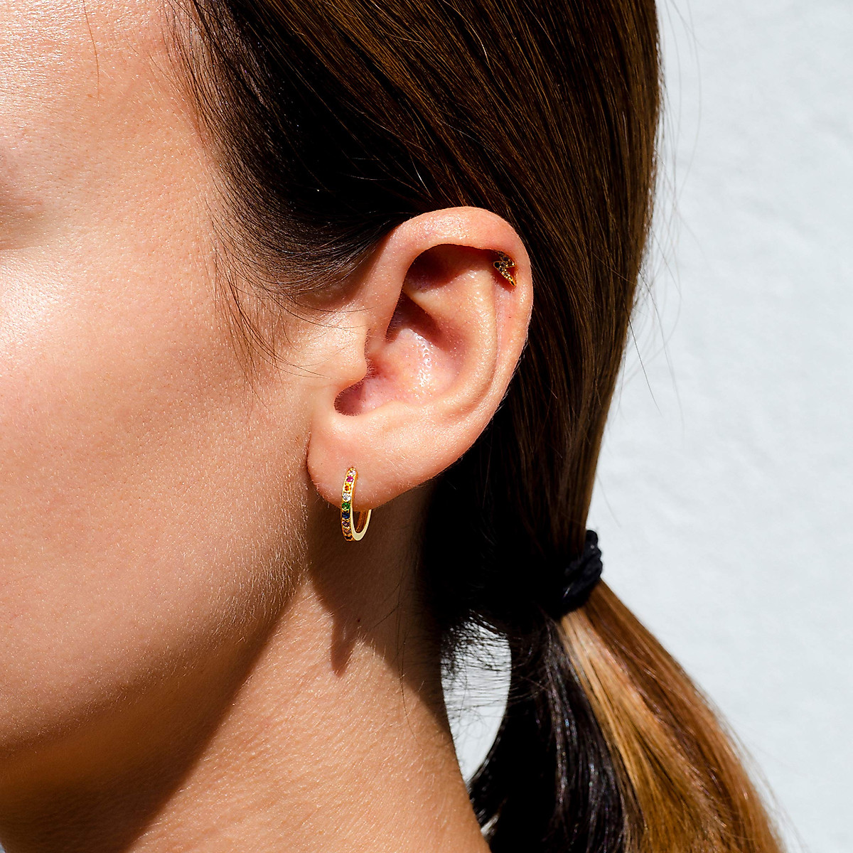 LAVLA Rainbow Pave CZ Gold Hoop Earrings for Women | Small Huggie Earrings for Cartilage, Lobe, Multiple Piercings