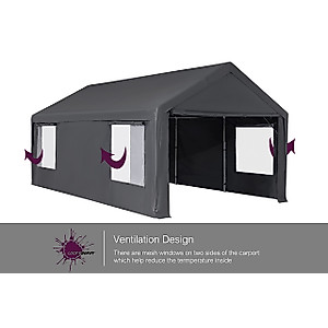 Luckyberry 12'x 20' Heavy Duty Carport Portable Tent,Waterproof，UV-Protection Carport Garage with Removable Sidewalls & Doors for Quick-Setup Carport Car, Truck, Boat with All-Season Tarp, Grey