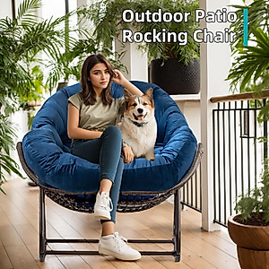 QQU Patio Rocking Chairs Set of 2，Indoor & Outdoor Wicker Rocker Chairs with Padded Cushion, All-Weather Rattan Chair with Steel Frame, Modern Lounge Egg Chair, Front Porch, Backyard,A-Navy