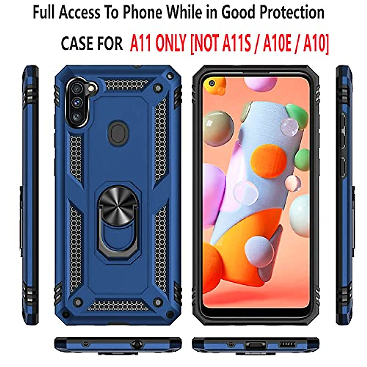 STARSHOP Samsung Galaxy A11 Phone Case, Samsung A11 Phone Case, with [Tempered Glass Screen Protector Included] Military Grade Shockproof Protective Phone Cover with Metal Ring Kickstand -Navy