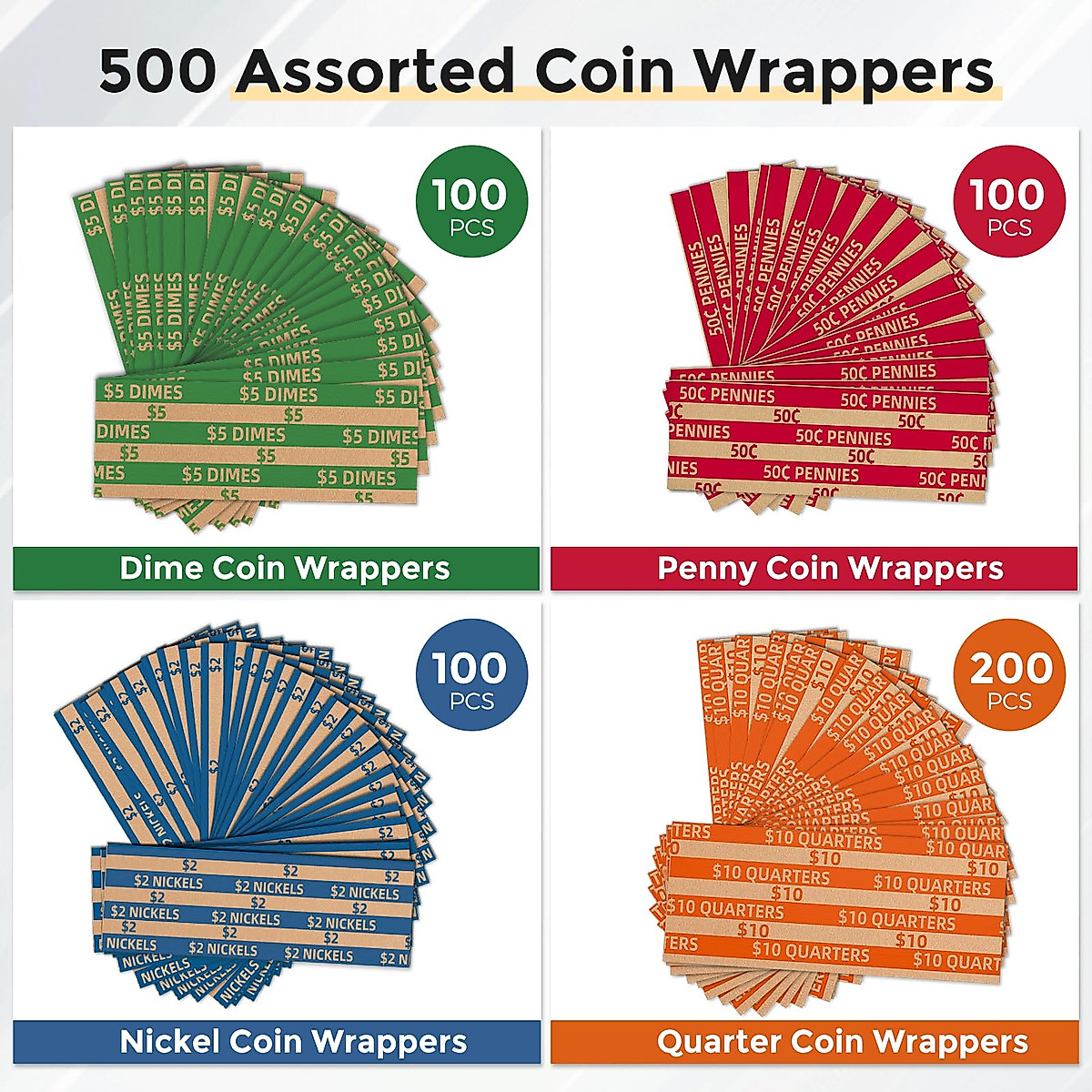 Coin Wrappers Assorted 500 Flat Stripped Coin Roll Wrappers for All Coins Including 200 Quarter Wrappers and 100 Each of Penny, Nickel, Dime Wrappers
