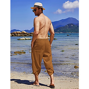 COOFANDY Men's Baggy Capri Trousers Casual Drawstring Vacation Hippie Summer Beach Linen Pants Lightweight Loose Yoga Pants Brown
