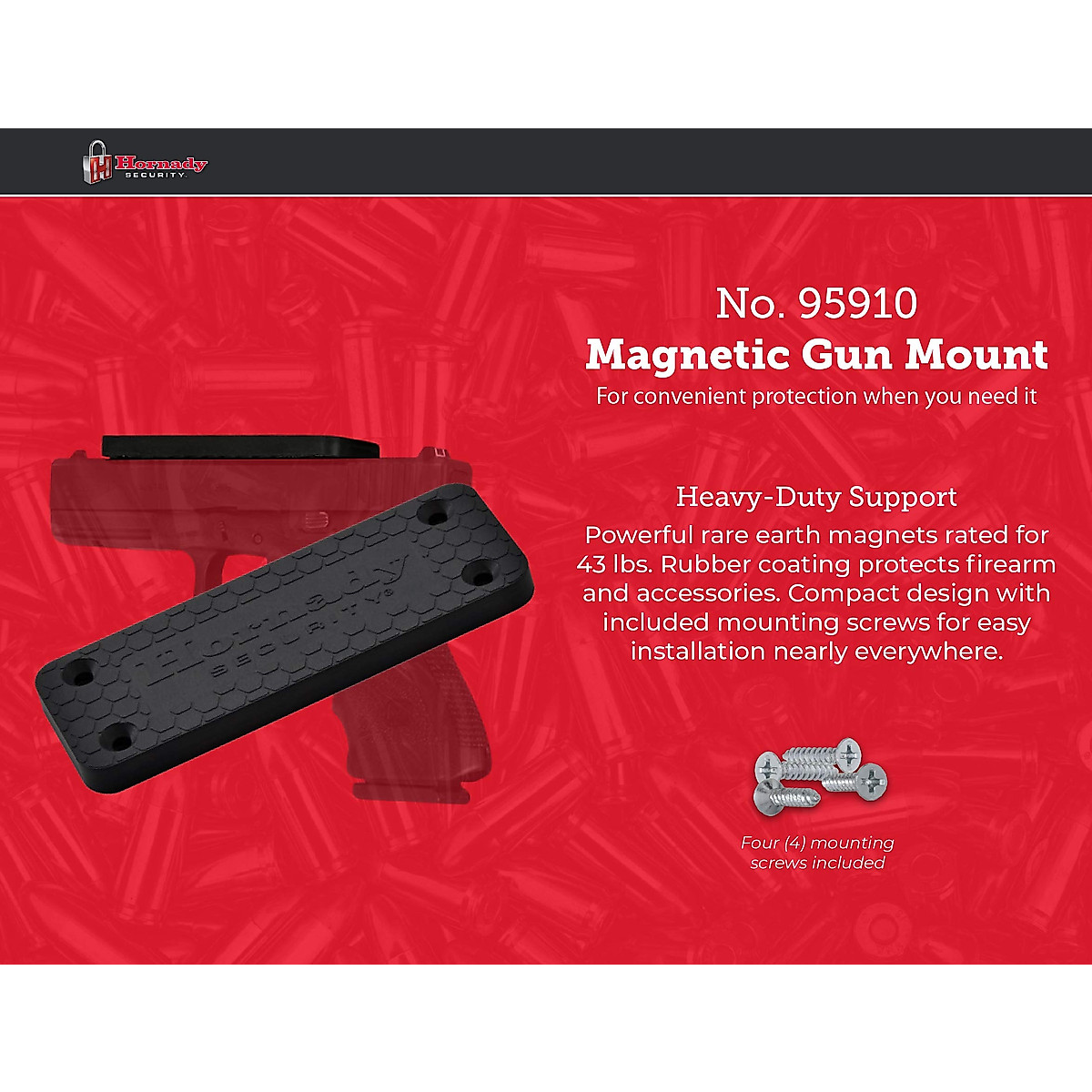 Hornady Magnetic Gun Mount 95910-Non-Scratch Rubber Coated Gun Magnet Mount for Pistols, Handguns, Revolvers, & Firearm Accessories - Magnetic Gun Holder Rated for 43 Pounds, includes Mounting Screws