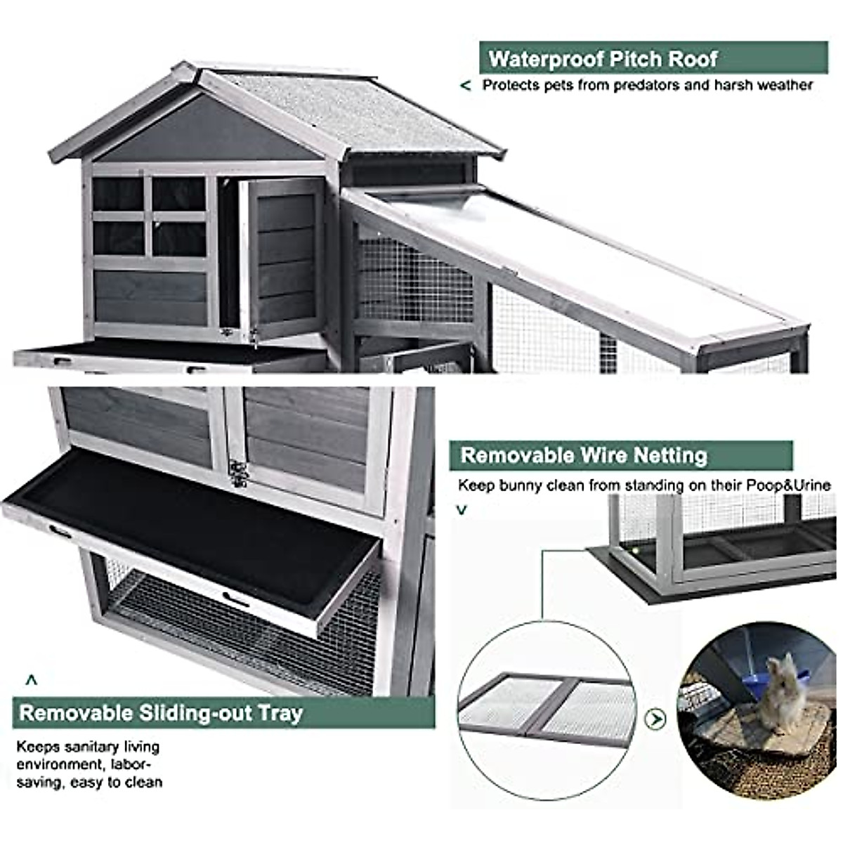 HAPPAWS Rabbit Hutch Cage w/Hay Feeder, 58 Inch Bunny Cage Condo Wooden Quail Chicken Coop, Indoor Outdoor Hen Pet House w/Removable Tray, Ramp, Waterproof Roof, Lockable Doors for Small Animals