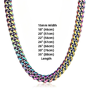 ROWIN&CO Mens Chunky Miami Cuban Link Chain - Rainbow Multicolor Stainless Steel Curb Necklace, Nickel-free, Colorful Chains, Hip Hop Jewelry Choker Chain, 15mm/18-35 inch.
