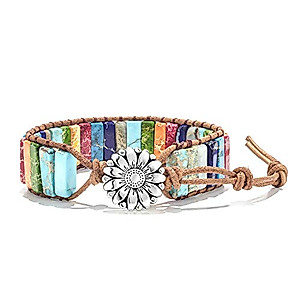 Fashion Gemstone Bracelets Handmade Bracelets Jewelry Multicolor Yoga Bracelets Friendship Boho Bracelets Leather Bracelets Rectangle Stone Healing Bracelets Sunflower Button Wrap Bracelet Girls