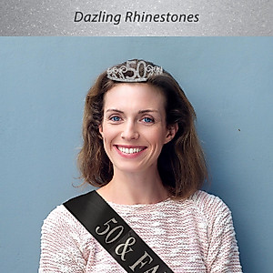 MEANT2TOBE 50th Birthday Sash and Tiara for Women - Fabulous Glitter Sash + Waves Rhinestone Silver Premium Metal Tiara for Her, 50th Birthday Gifts for 50 Party
