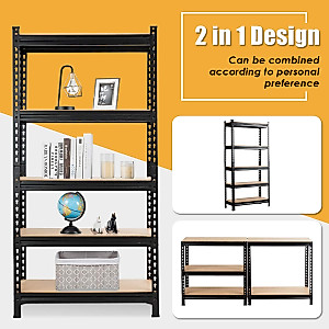 Tangkula 5-Tier Storage Shelves, Heavy Duty Steel Frame Muscle Rack 60in Garage Shelf with Adjustable Shelves, Boltless Shelving Unit for Free Combination, Metal Utility Shelves (2, Black)