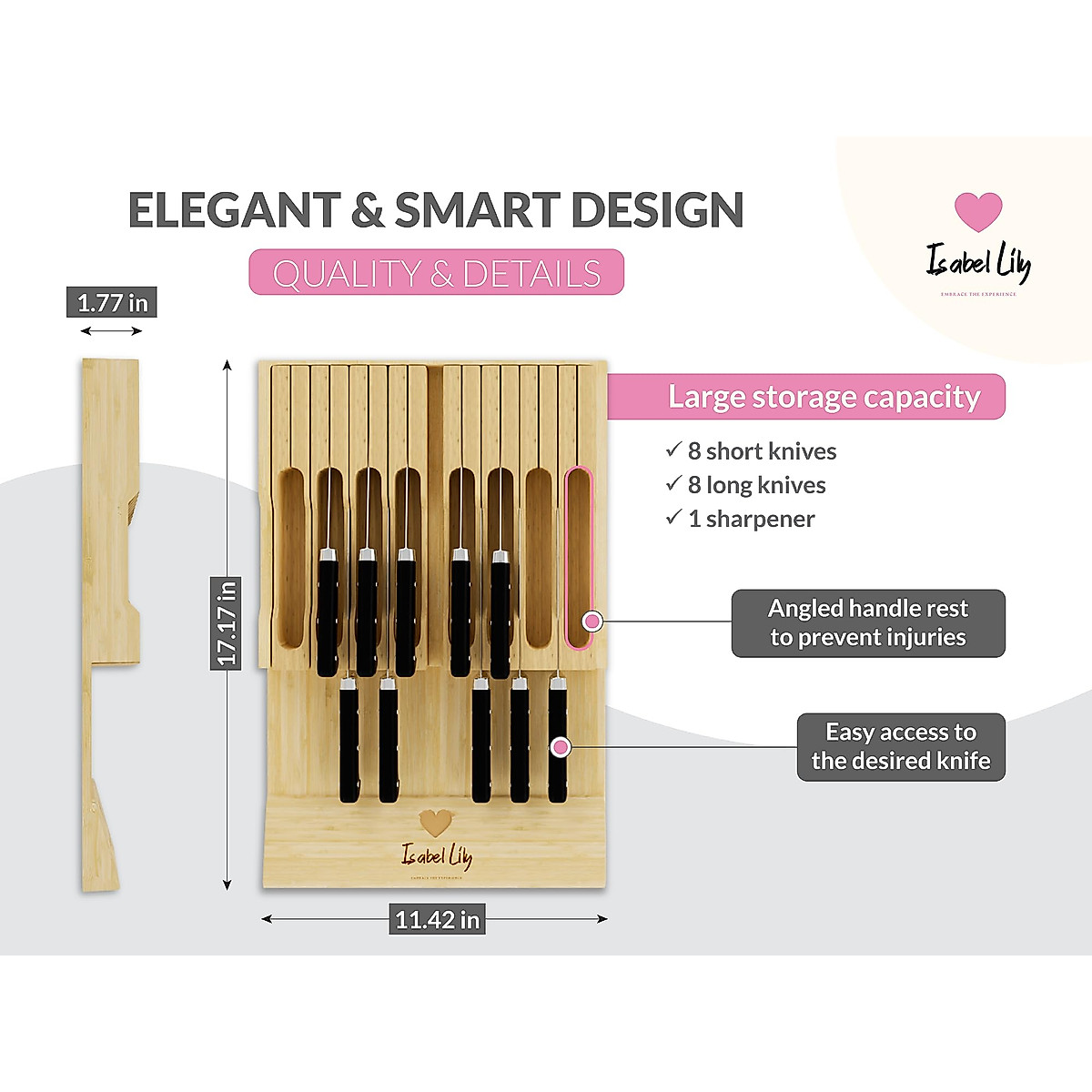 Isabel Lily - Bamboo Kitchen Knife Holder for Drawer | Organize 8 Short and 8 Long Knives and 1 Sharpener | Anti-Slip Surface | Includes Microfiber Cloth