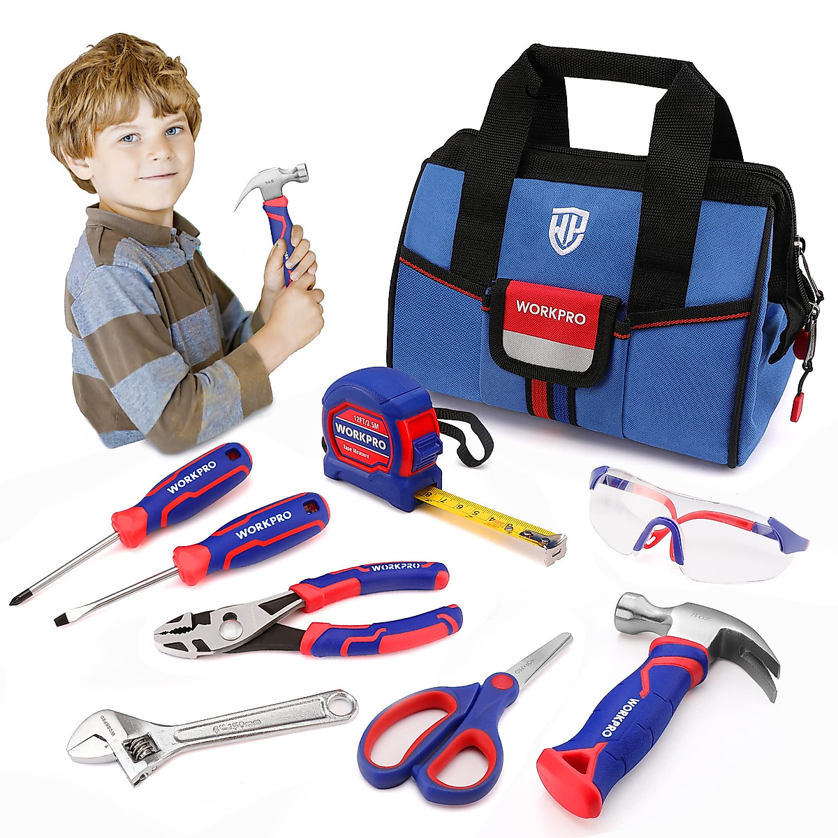 WORKPRO 9-Piece Kids Real Hand Tool Set, Blue Junior Tool Kit with Storage Bag for Boys, Girls, Children DIY Building and Woodworking, Age 8+