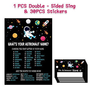 What is Your Astronaut Name Game, Game Sign and 30 Cards, Astronaut Birthday Party Sign for Boys and Girls, Holiday Activity, Kids Astronaut Activity Cards, Astronaut Activity Decoration Supplies