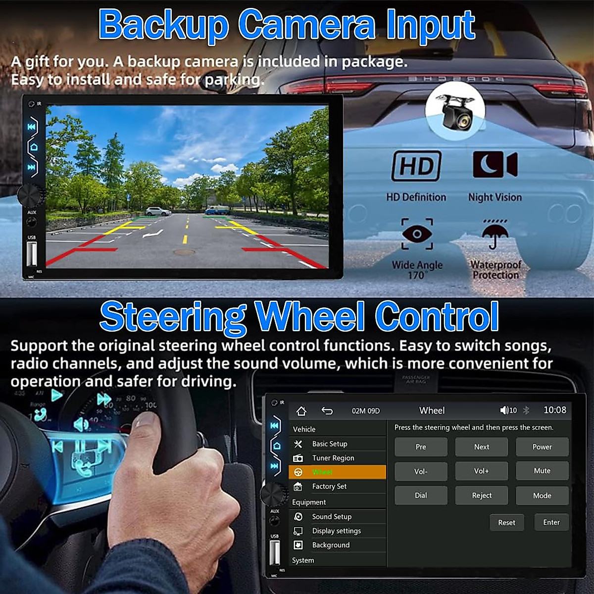 Leadfan Double Din Car Stereo with Apple Carplay and Android Auto,7 Inch Full HD Touchscreen Car Radio Bluetooth, Car Stereo with Backup Camera,Support Mirror Link,Steering Wheel，USB/AUX/Subwoofer