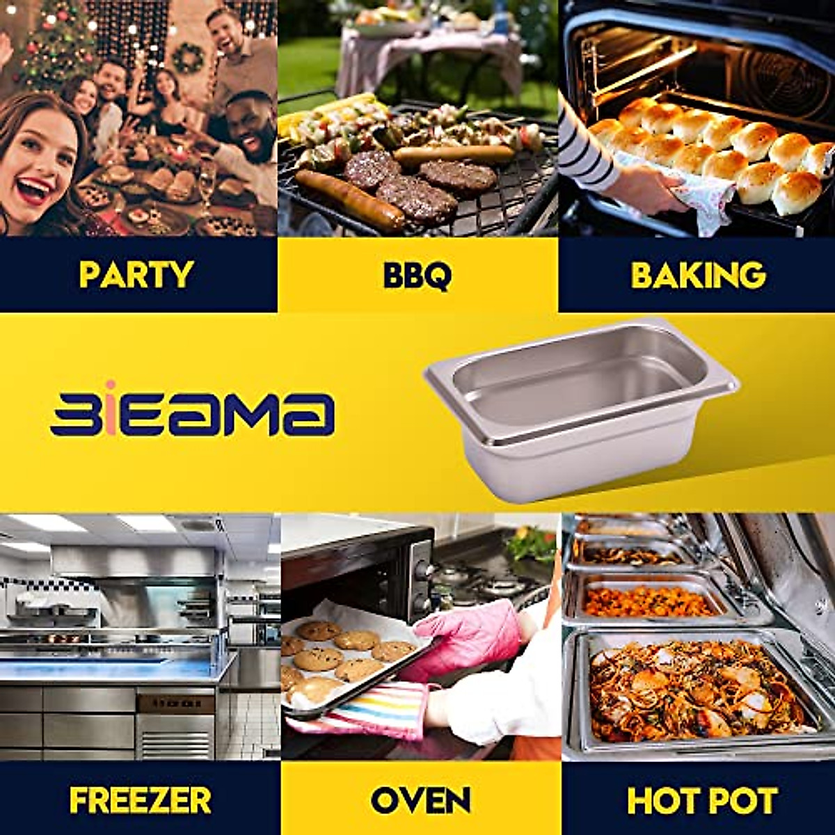 BIEAMA 6-Pack Hotel Pans with Lid, 1/9 Size 2.6" Deep, NSF, Catering Food Pan, Commercial Stainless Steel Pan with Cover
