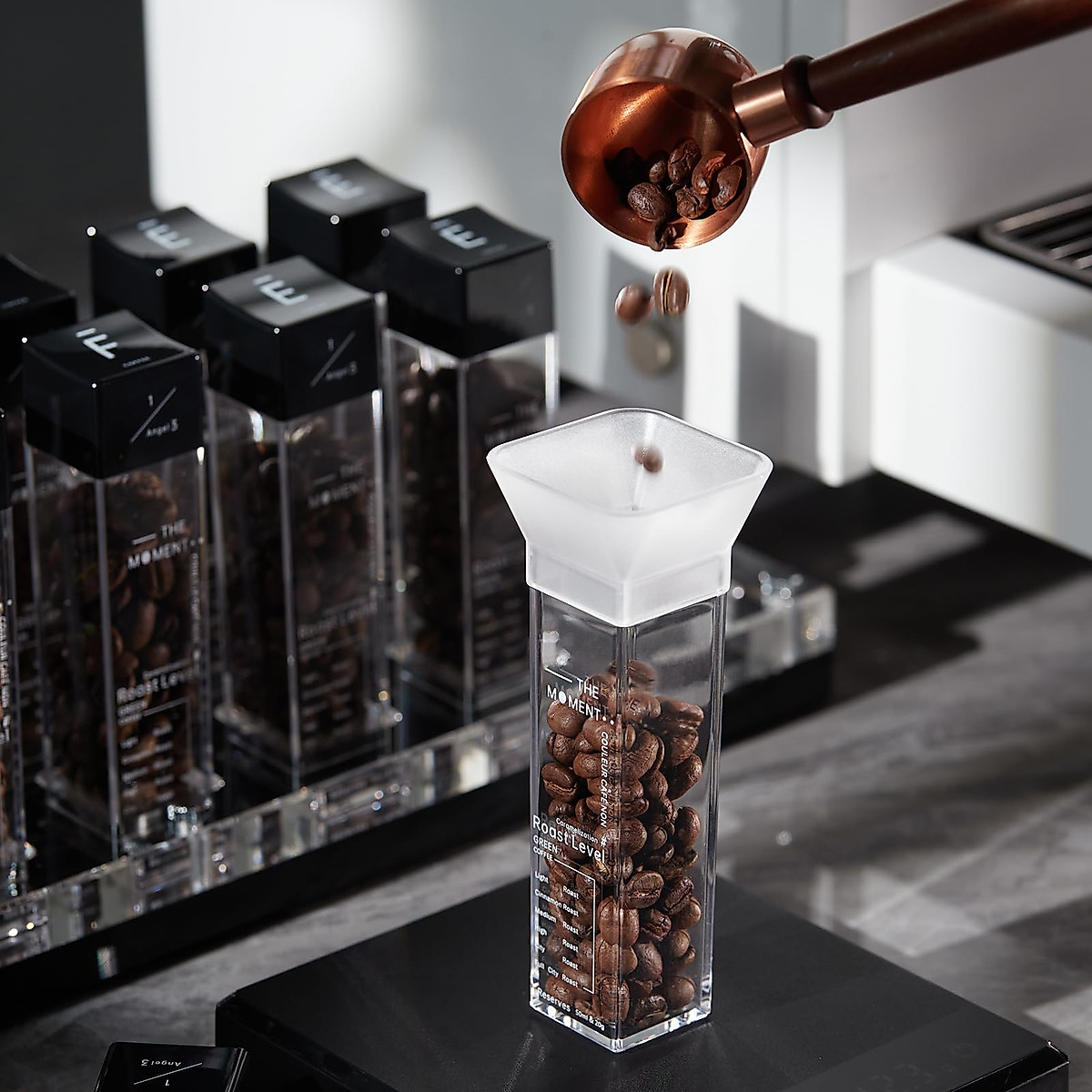 MUVNA Coffee Products, 6 Tubes Coffee Bean Cellar, Single Dose Coffee Bean Storage Container with Stand & Hopper