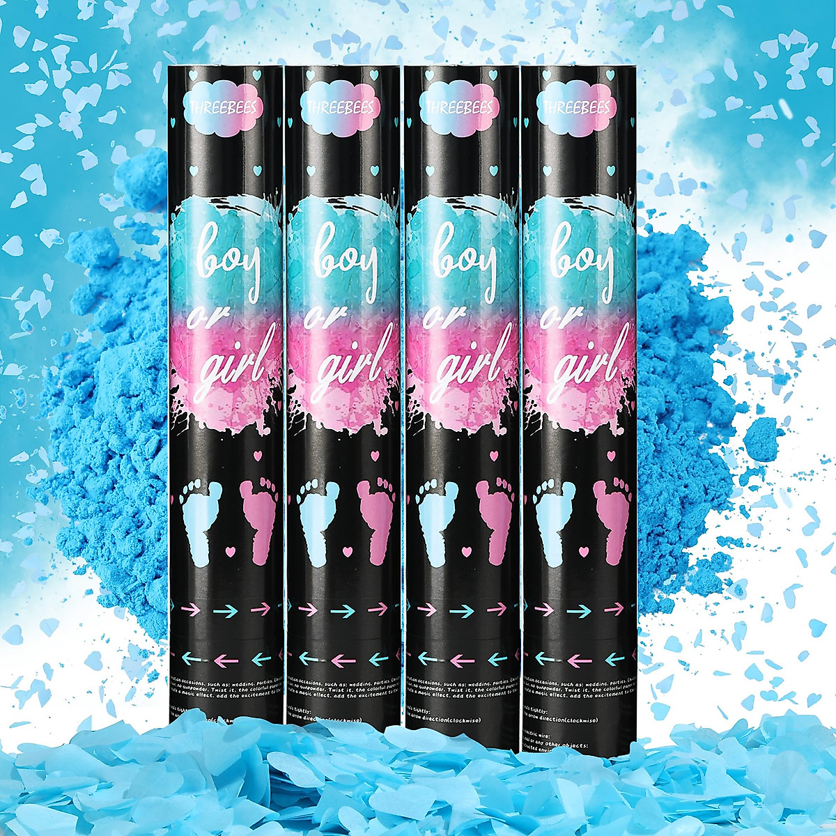 Threebees 4 Pack Gender Reveal Confetti Cannon, Biodegradable Blue Confetti Paper with Cornstarch Powder, Air Powered Launches 16-26ft, Confetti Blaster for Boy Gender Reveal, Blue