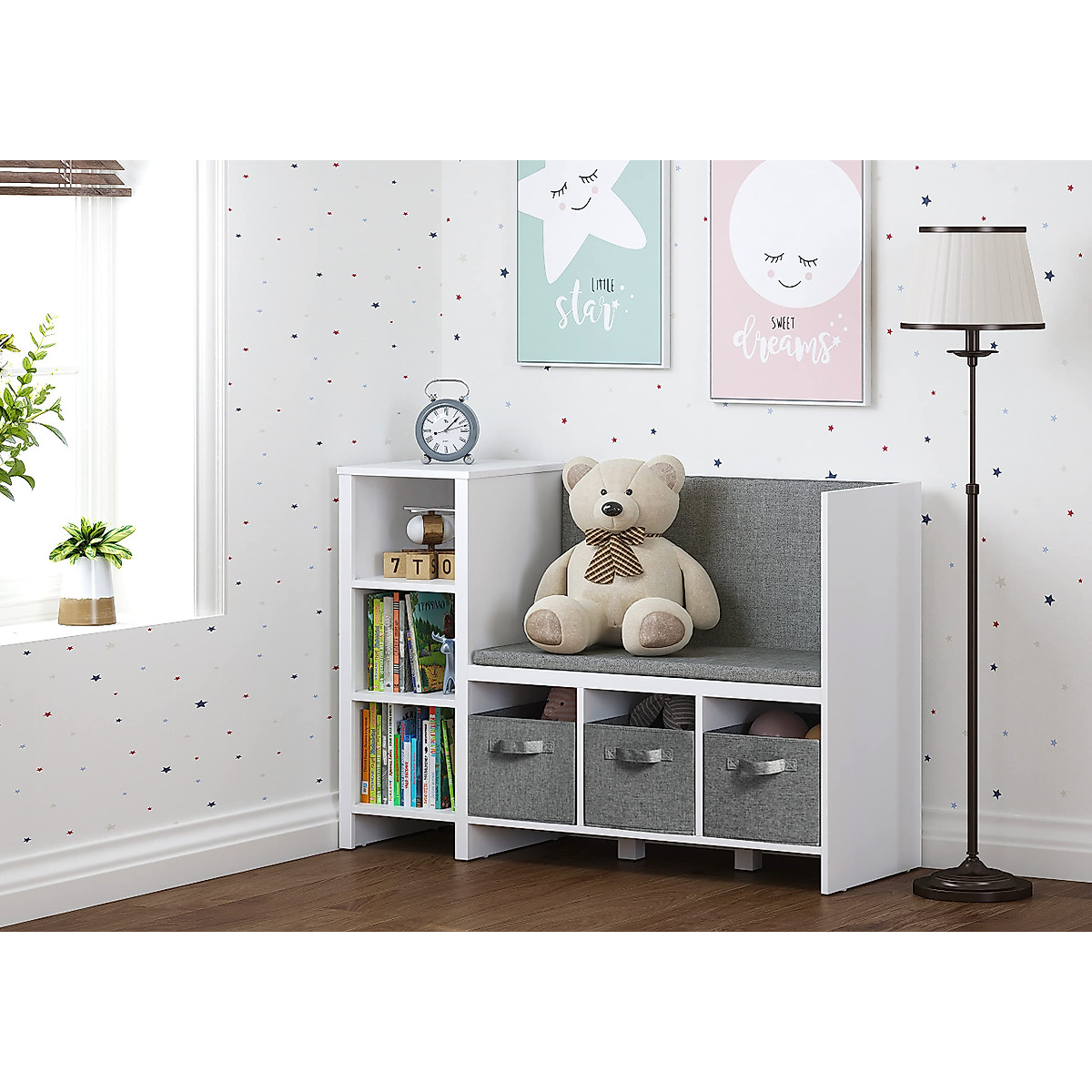 UTEX Kids Reading Nook Bench with Bookshelf, Kids Bookcase and Storage Organizer with Seat Cushion, Reading Bench with Bins for Bedroom & Entryway, White