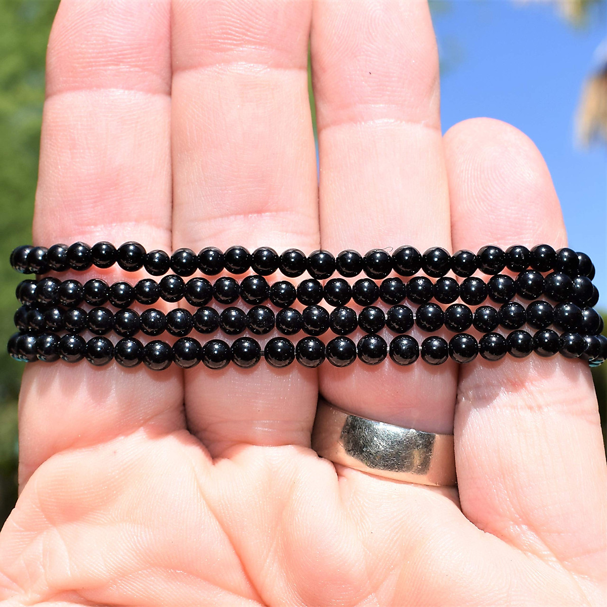 Zenergy Gems Charged Premium Natural Black Tourmaline Crystal 4mm Bead Bracelet + Baby Moroccan Selenite Puffy Heart Charging Crystal