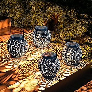 YrgePowk 4 Pack Solar Lantern with Handle and Shepherd Hook, Hanging Solar Lanterns Outdoor Waterproof IP65 Garden Lights Decorative for Pathway Yard Tree Fence Patio Lawn and Tabletop（Blue）