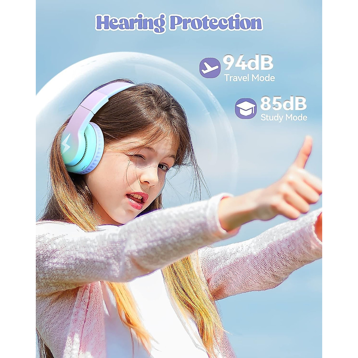 Kids Bluetooth Headphones, Colorful Wireless Over Ear Headset with LED Lights, Built-in Mic, 45H Playtime, 85dB/94dB Volume Limited Headphones for Boys Girls iPad Tablet School Airplane Green Purple