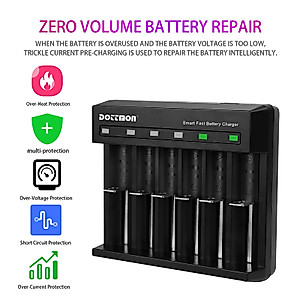 DOTTMON 6-Bay LED Universal Battery Charger for Ni-MH or Ni-Cd Batteries (AA, AAA, AAAA, SC, C, D) and Li-ion Batteries (22650, 25500, 18650, 18500, 18490, 18350, 17670, 16340, 14500, 10440)
