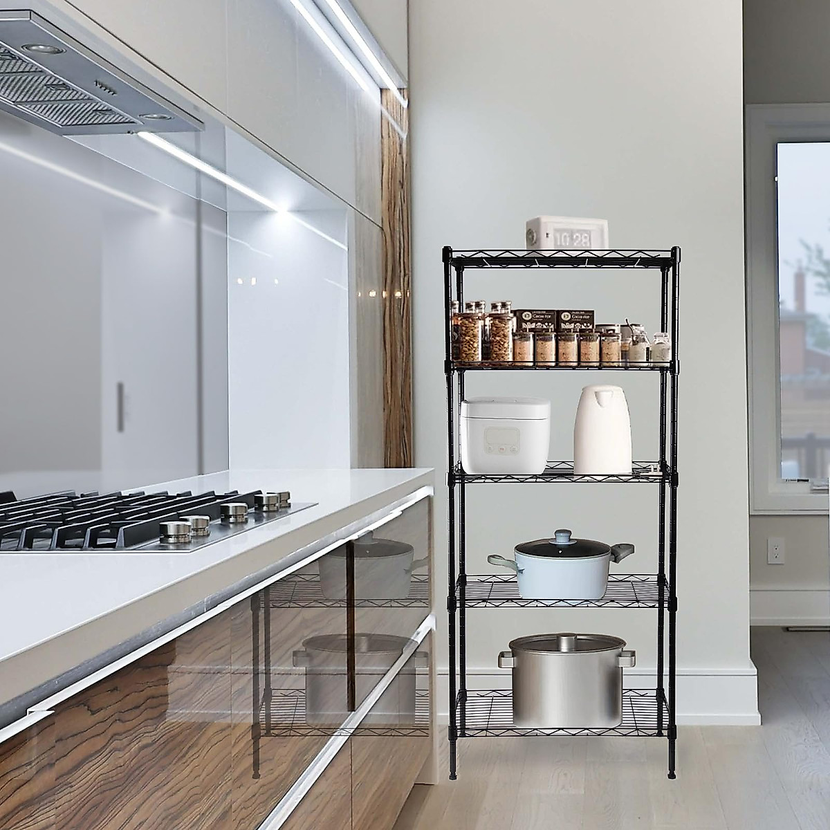 HESESOH 5-Wire Shelving Adjustable Shelves, Standing Storage Shelf for Laundry Bathroom Kitchen Pantry Closet Organization (Glossy Black, 21.2" L x 11.4" W x 48.8" H)