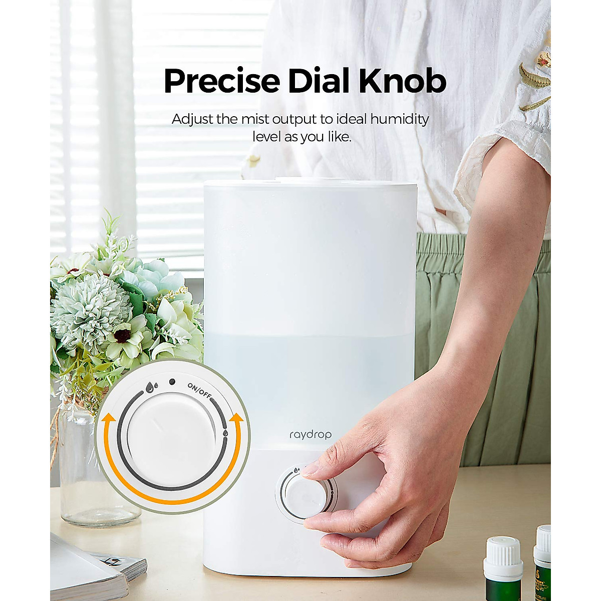 raydrop Cool Mist Humidifier Diffuser, 2.5L Essential Oil Diffuser, Top Fill Humidifier for Bedroom, Home and Office, Baby Humidifier with Adjustable Mist Output, Dial Knob, Auto Shut Off (White)
