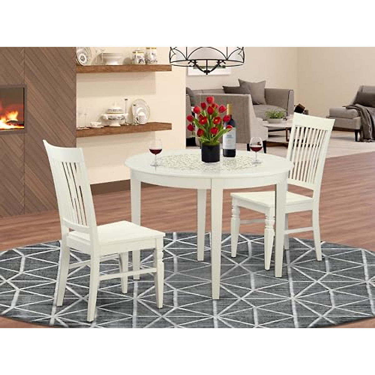 East West Furniture BOWE3-WHI-W 3 Piece Dining Table Set for Small Spaces Contains a Round Kitchen Table and 2 Dining Room Chairs, 42x42 Inch, Linen White
