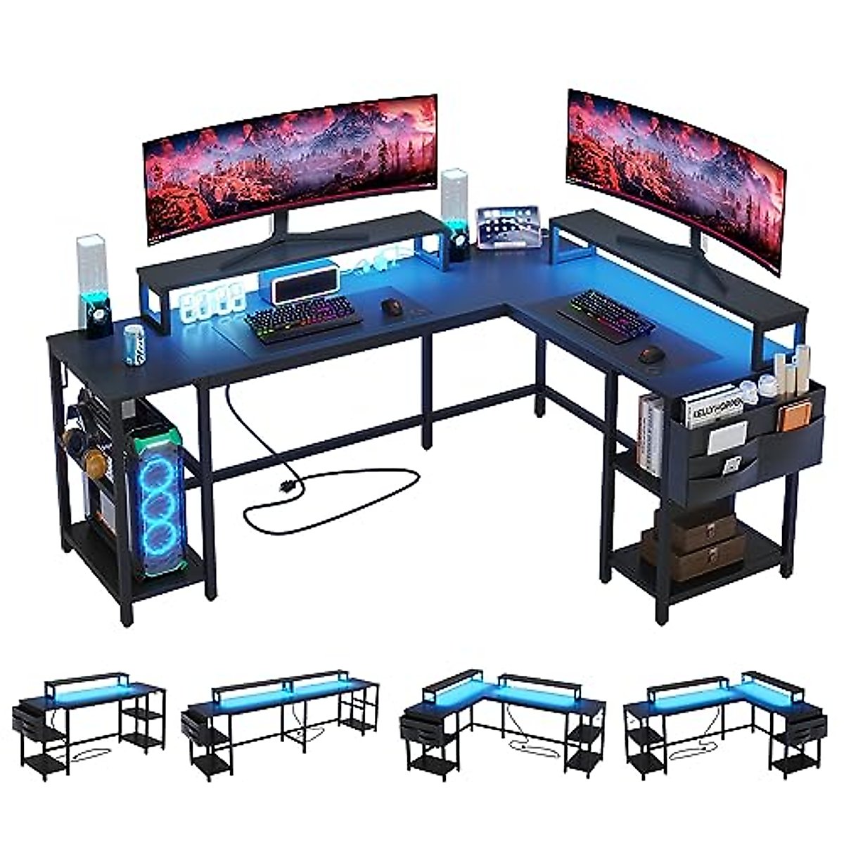 Gyfimoie L Shaped Desk with Power Outlet and LED Strip, 94'' Reversible Corner Computer Gaming Desk with Monitor Stand and Shelves, 2 Person Home Office Desk with Storage Bag and Hooks (Black)