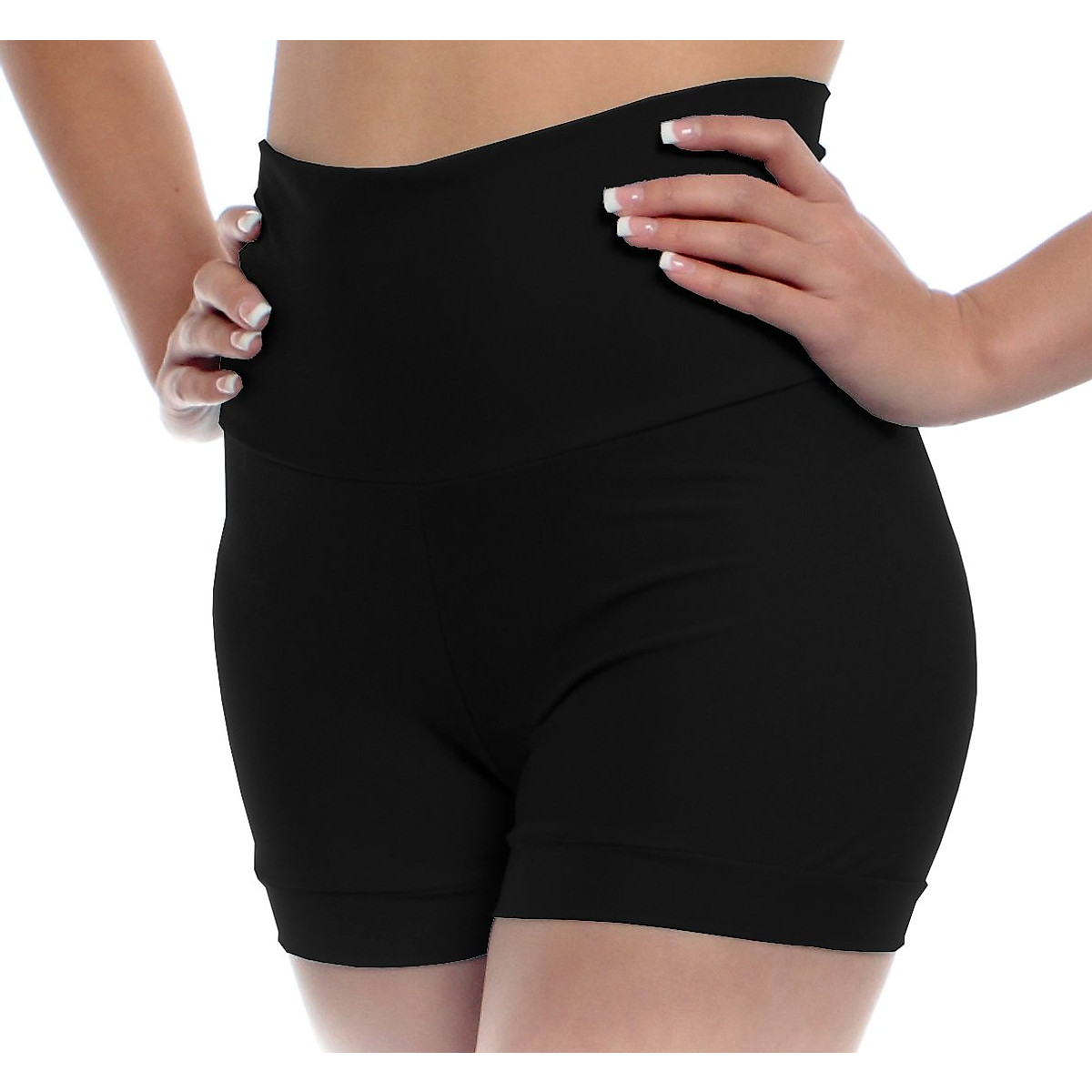 B Dancewear Womens High Waisted Dance Shorts Small Black Adult Sizes with Fold Over Band and Stretch