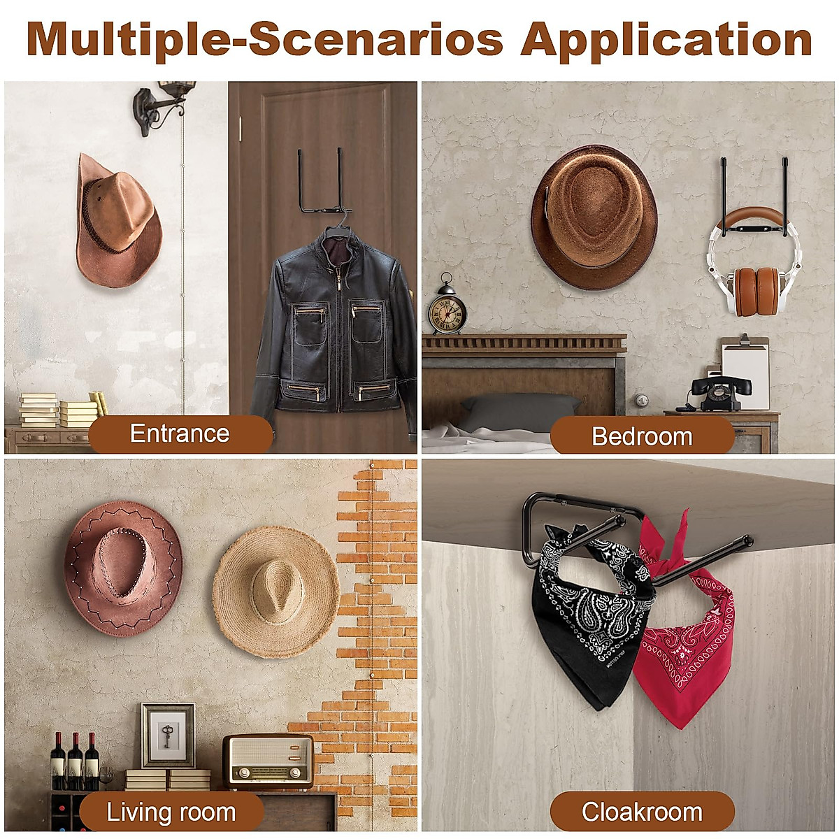 Fikoksol Cowboy Hat Rack, 4Pcs Cowboy Hat Holder Hat Hanger Hat Hook for Display, Western Wide Brim Straw Cowboy Hat Hanger, Cowboy Hat Holder Organizer for Wall Closet, Adhesive/Wall Mounted