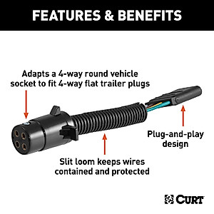 CURT 57225 4-Pin Round Vehicle-Side to 4-Way Trailer Wiring Adapter , black
