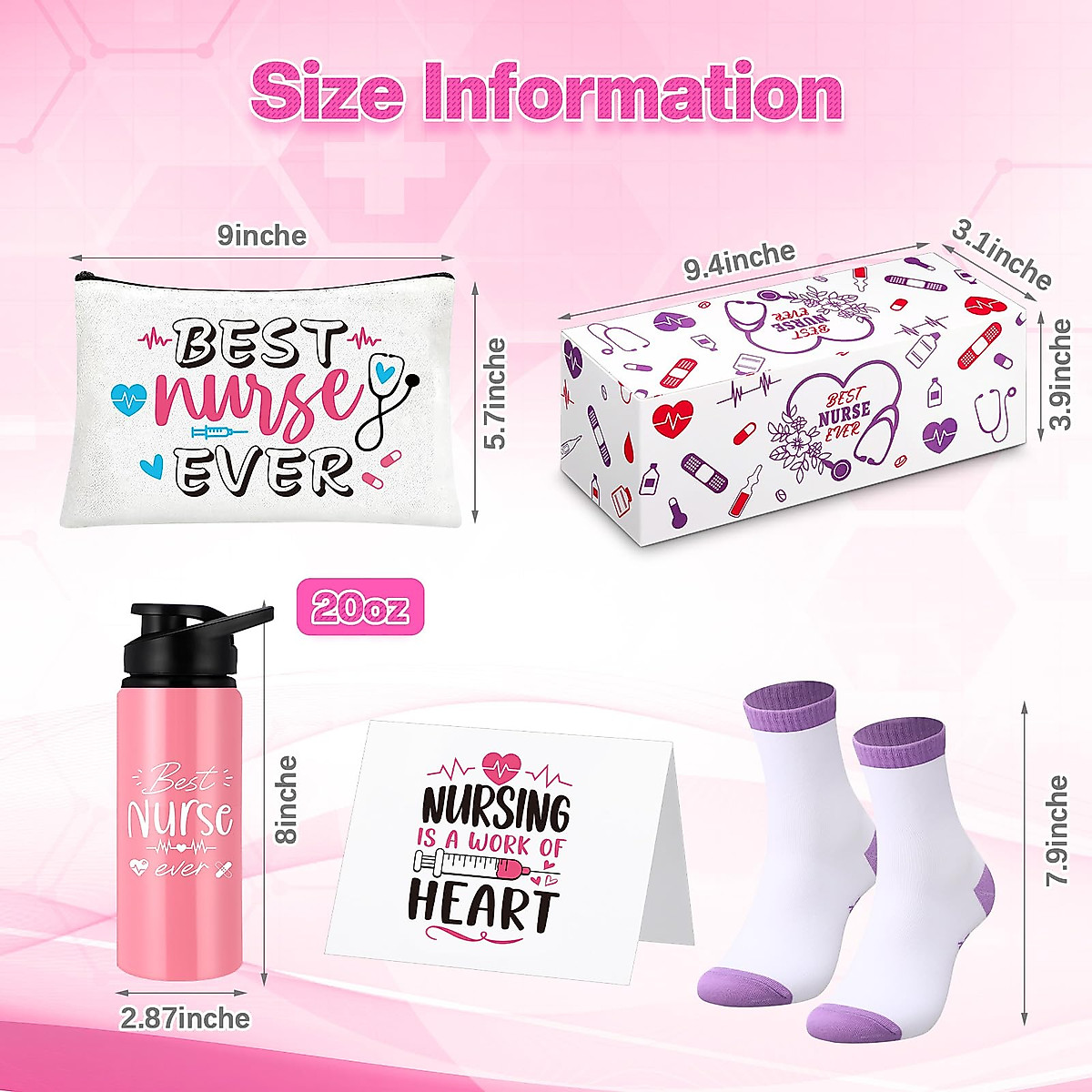 Ziliny 6 Set 30 Pcs Nurse Appreciation Gifts Thank You Gifts Bulk Nurses Week 20 oz Water Tumblers Makeup Bag Socks Cards with Box for Nursing Graduation, School