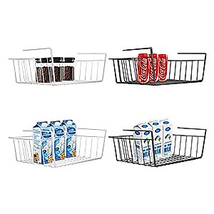 Under Shelf Basket, 4 Pack White Black Wire Rack, Slides Under Shelves for Storage Space on Kitchen Pantry Desk Bookshelf Cupboard