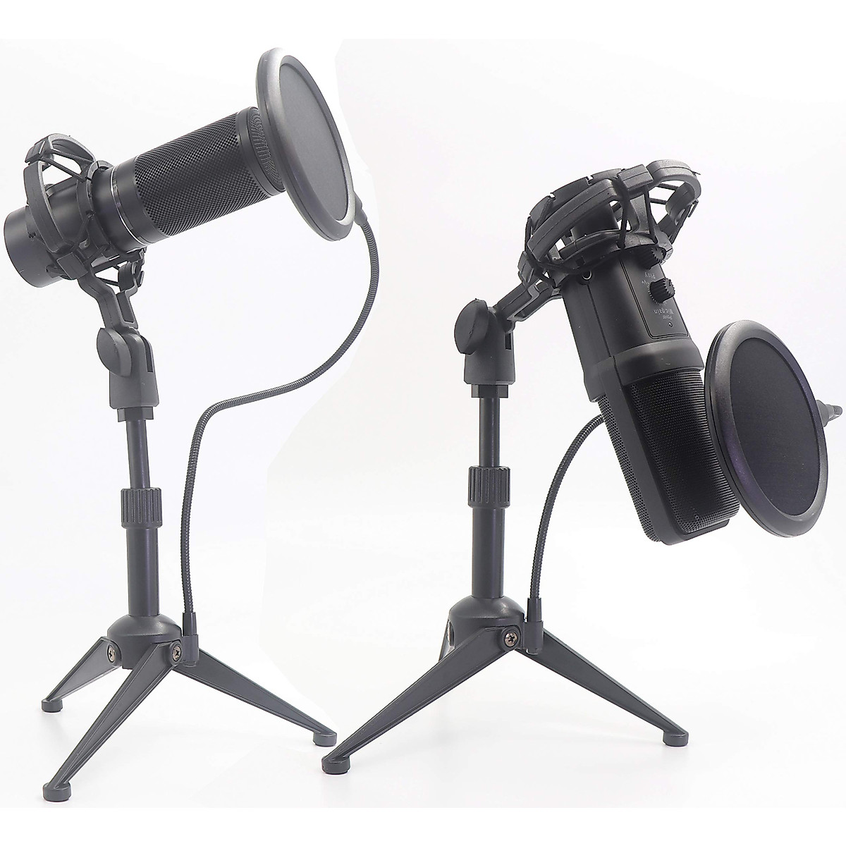 Desktop Microphone Tripod Suspension Stand with Shock Mount Anti-Vibration Mic Holder and 4" Round Mask Shield Double-Net Wind Screen Pop Filter (Large, Black)