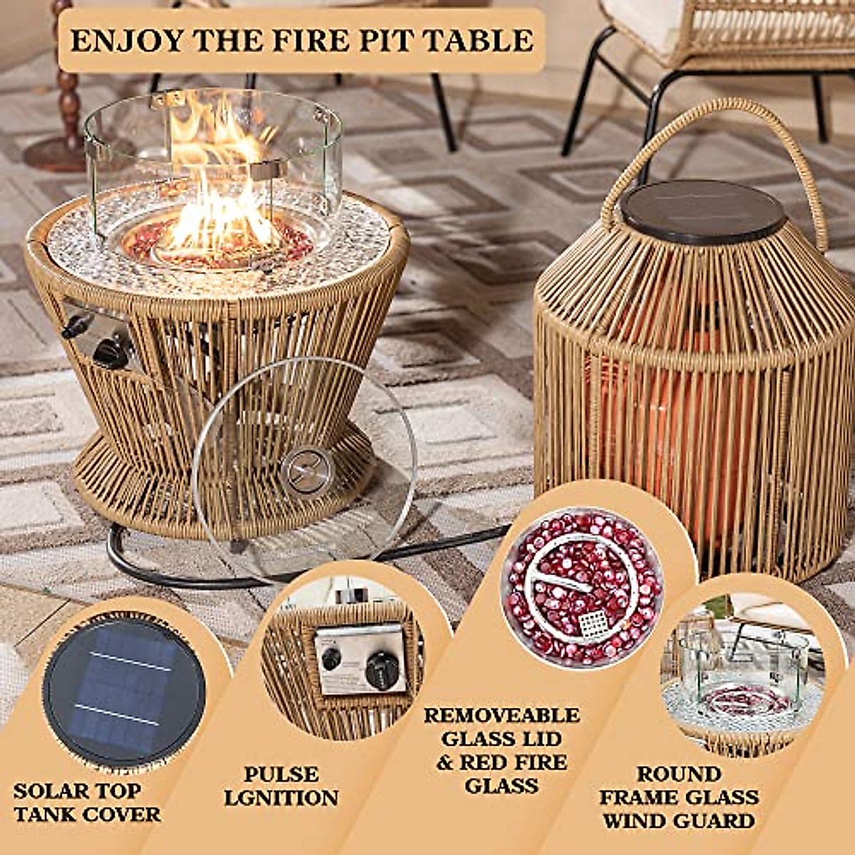 BULEXYARD 9 Piece Boho Patio Furniture Sets with Propane Fire Pit Table, Small Outdoor Bistro Chairs Sectional Sofa Conversation Set w/Gas Firepit, Egg Chair, Ice Bucket for Backyard, Lawn (Natural)