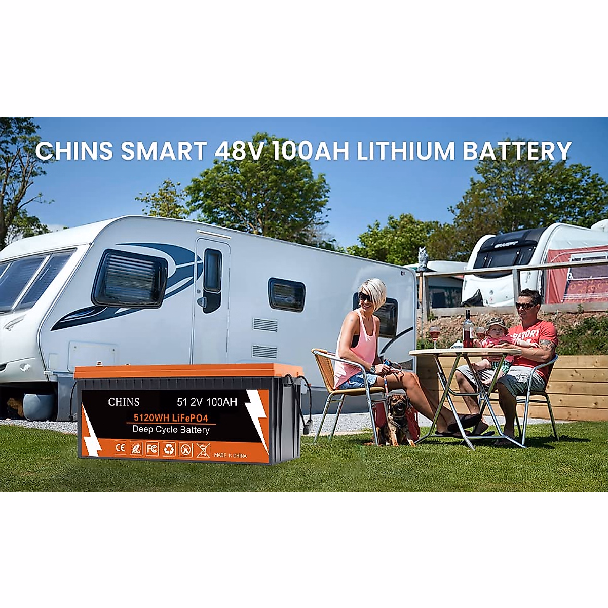 CHINS 48V 100AH Lithium Battery for Golf Cart with 48V 18A Charger, Monitor, Built-in Bluetooth 200A BMS, 48V Golf Cart Battery with 10.24kW Output, 1000A Peak Current