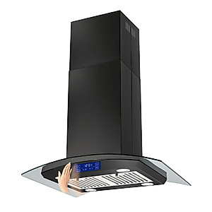 JOEAONZ 30 Inch Island Range Hood Black 700CFM, Gesture & Touch Panel Ceiling Mount Vent Hood, Stainless Steel Kitchen Exhaust Fan Convertible, Tempered Glass, LED lights, Permanent Baffle Filters
