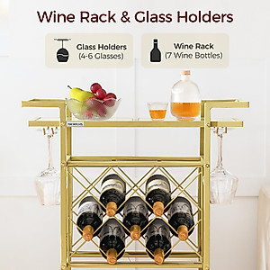 MAHANCRIS Gold Bar Cart, Home Bar Serving Cart, 3 Tier Drink Cart with 7 Wine Bottle Racks, Glass Holders, Beverage Cart on Wheels for Kitchen, Bar, Dining Room, Living Room, Outdoor, Glass, RCJ50B01