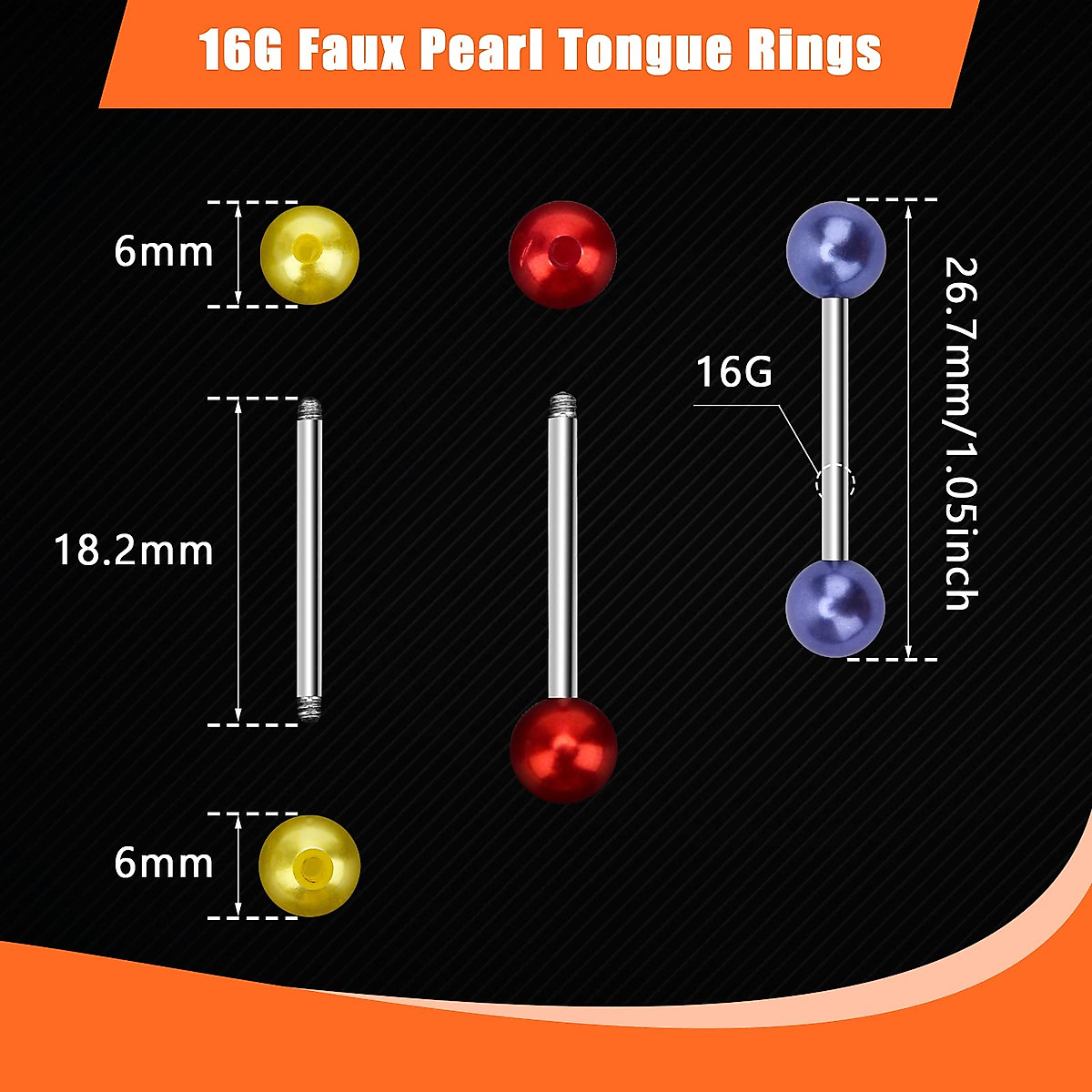 CrazyPiercing 10 Pieces Tongue Rings 16G Faux Pearl Acrylic Tongue Ring Straight Stainless Steel Barbell Body Piercing Jewelry for Men/Women