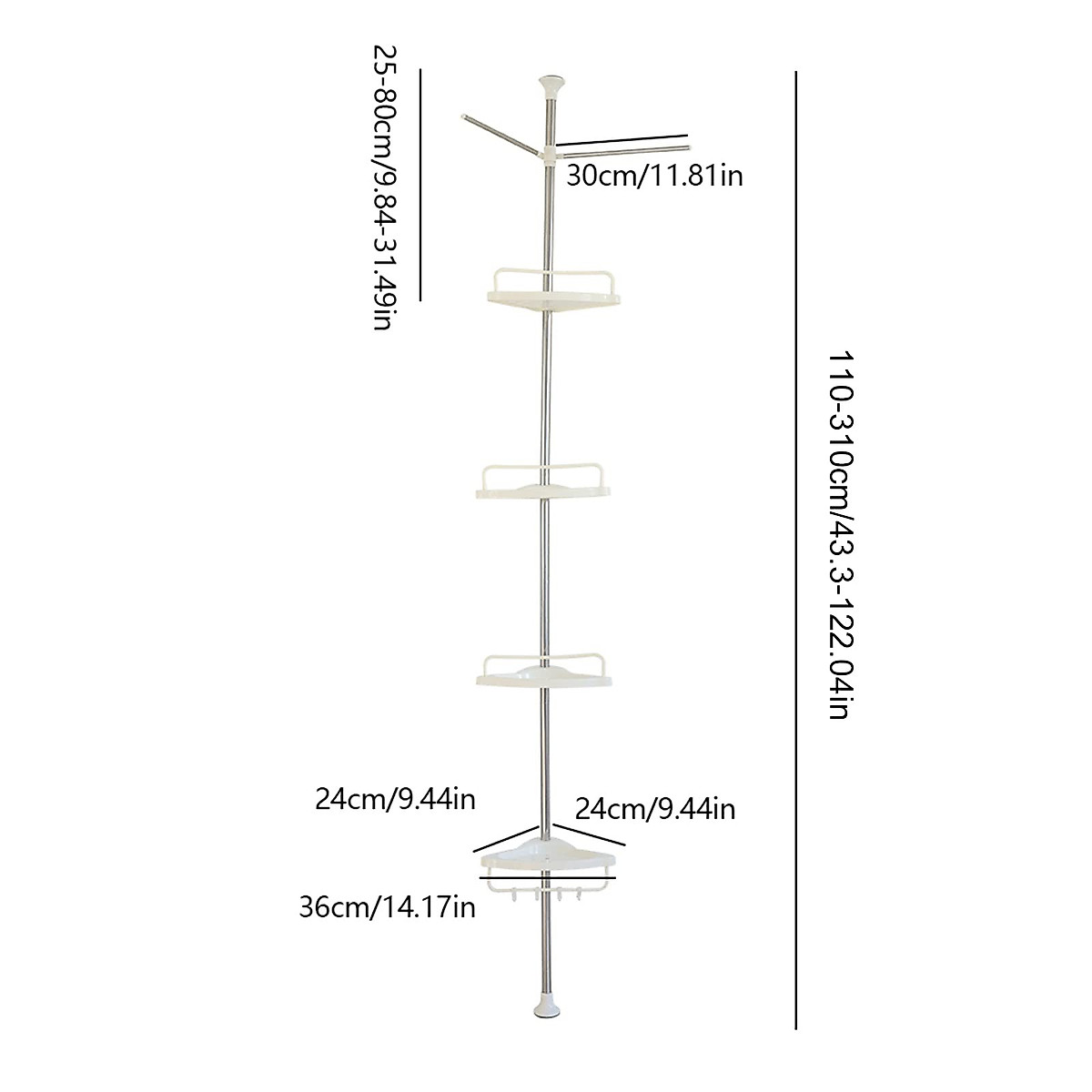 Dodoam 4 Tier Bathroom Corner Shower Rust Proof Telescopic Rod Storage Rack Organizer for Bathtub Shampoo Storage, 43 to 122 Inch Height