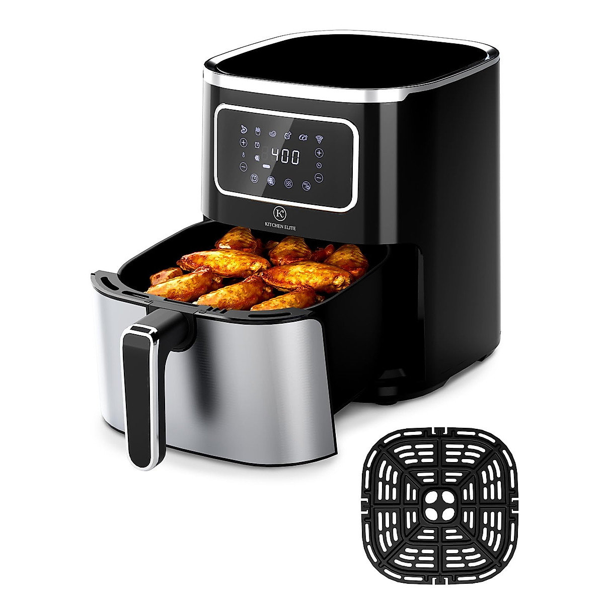 Air Fryer Oven 5.5Qt, 6 Presets Digital Display Compact Cooker,Space-saving, Nonstick & Dishwasher Safe Basket, Stainless Steel,Kitchen Elite