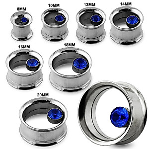 PiercingPoint 1 Piece of 00 Gauge - 10mm Blue Sapphire Bezel Set Crystal Stone on Sugical Steel Internally Threaded Ear Gauge Flesh Tunnel
